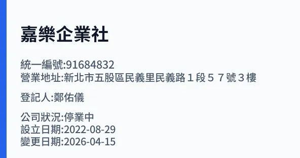 嘉樂企業社的照片-統編 91684832(新北市) 公司登記資料與營業項目詳細圖表