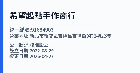 希望起點手作商行的照片-統編 91684903(新北市) 公司登記資料與營業項目詳細圖表