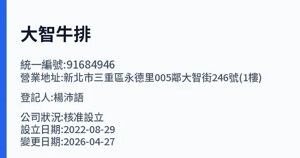 大智牛排的照片-統編 91684946(新北市) 公司登記資料與營業項目詳細圖表