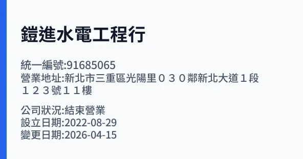 鎧進水電工程行的照片-統編 91685065(新北市) 公司登記資料與營業項目詳細圖表