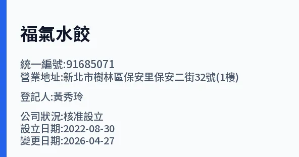福氣水餃的照片-統編 91685071(新北市) 公司登記資料與營業項目詳細圖表