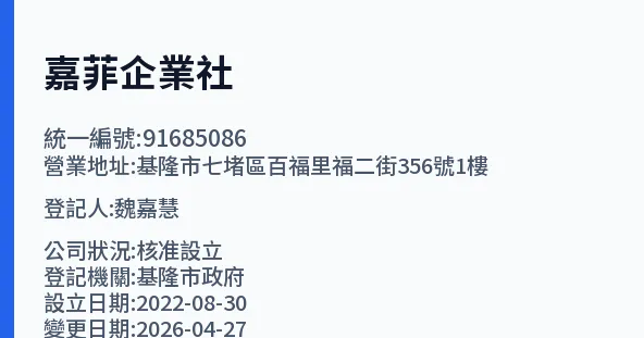 嘉菲企業社的照片-統編 91685086(基隆市) 公司登記資料與營業項目詳細圖表