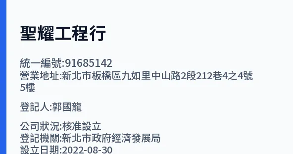聖耀工程行的照片-統編 91685142(新北市) 公司登記資料與營業項目詳細圖表