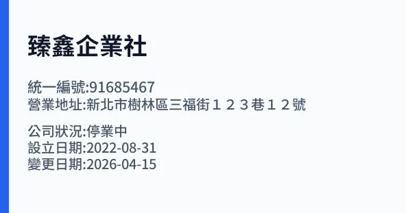 臻鑫企業社的照片-統編 91685467(新北市) 公司登記資料與營業項目詳細圖表