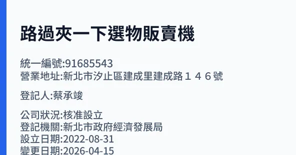 路過夾一下選物販賣機的照片-統編 91685543(新北市) 公司登記資料與營業項目詳細圖表