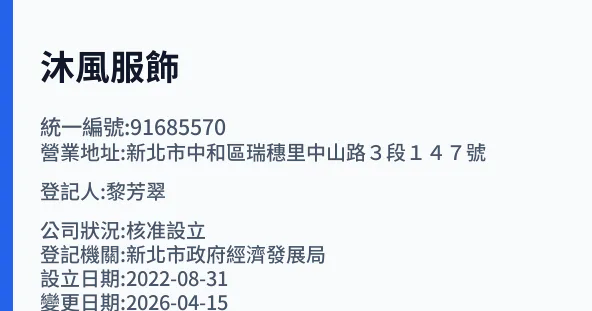 沐風服飾的照片-統編 91685570(新北市) 公司登記資料與營業項目詳細圖表
