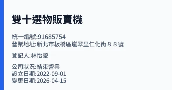 雙十選物販賣機的照片-統編 91685754(新北市) 公司登記資料與營業項目詳細圖表