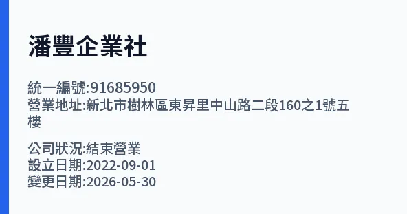 潘豐企業社的照片-統編 91685950(新北市) 公司登記資料與營業項目詳細圖表