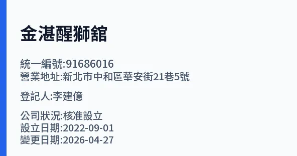 金湛醒獅舘的照片-統編 91686016(新北市) 公司登記資料與營業項目詳細圖表