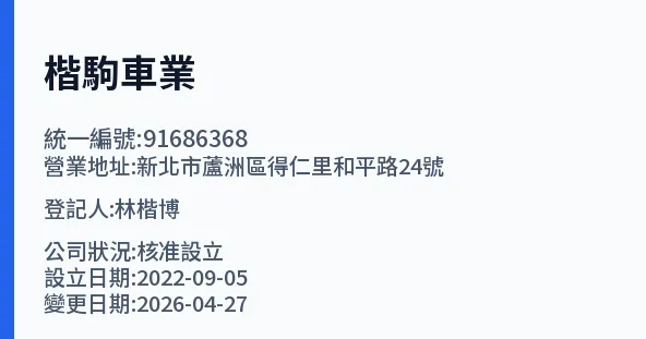 楷駒車業的照片-統編 91686368(新北市) 公司登記資料與營業項目詳細圖表