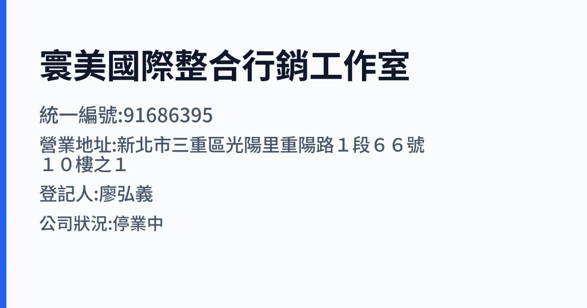 寰美國際整合行銷工作室 - 統編 91686395(新北市) 公司登記資料與營業項目詳細圖表