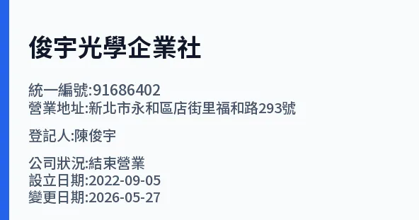 俊宇光學企業社的照片-統編 91686402(新北市) 公司登記資料與營業項目詳細圖表