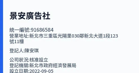 景安廣告社的照片-統編 91686584(新北市) 公司登記資料與營業項目詳細圖表