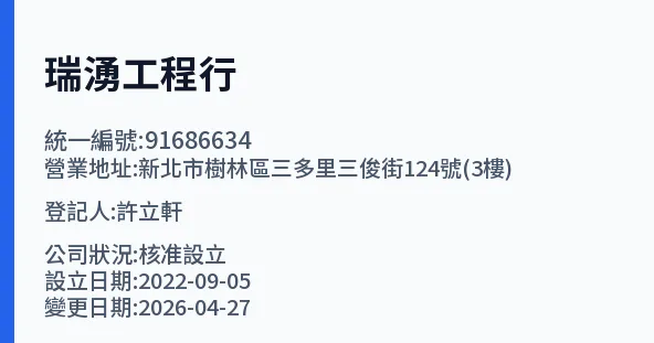 瑞湧工程行的照片-統編 91686634(新北市) 公司登記資料與營業項目詳細圖表