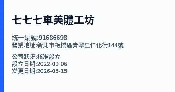 七七七車美體工坊的照片-統編 91686698(新北市) 公司登記資料與營業項目詳細圖表