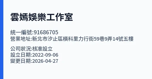 雲嫣娛樂工作室的照片-統編 91686705(新北市) 公司登記資料與營業項目詳細圖表