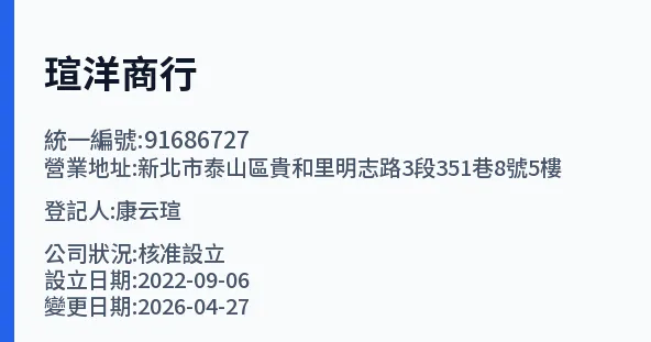 瑄洋商行的照片-統編 91686727(新北市) 公司登記資料與營業項目詳細圖表