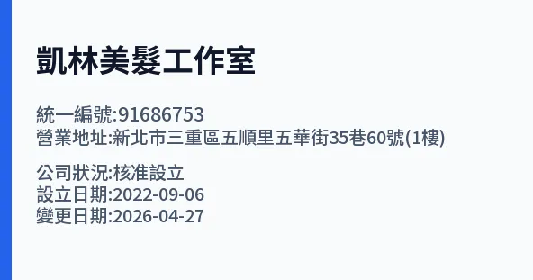 凱林美髮工作室的照片-統編 91686753(新北市) 公司登記資料與營業項目詳細圖表