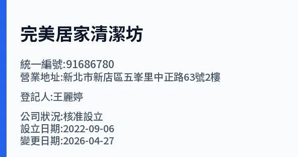 完美居家清潔坊的照片-統編 91686780(新北市) 公司登記資料與營業項目詳細圖表
