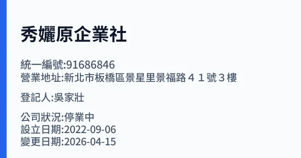 秀孋原企業社的照片-統編 91686846(新北市) 公司登記資料與營業項目詳細圖表