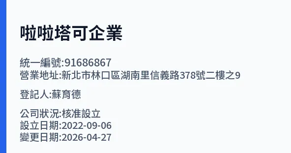啦啦塔可企業的照片-統編 91686867(新北市) 公司登記資料與營業項目詳細圖表