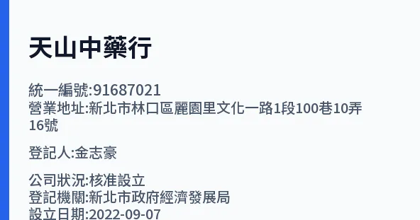 天山中藥行的照片-統編 91687021(新北市) 公司登記資料與營業項目詳細圖表