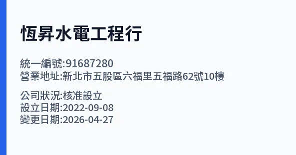 恆昇水電工程行的照片-統編 91687280(新北市) 公司登記資料與營業項目詳細圖表