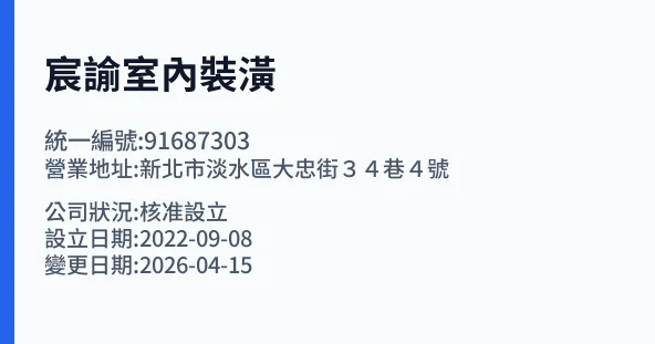 宸諭室內裝潢的照片-統編 91687303(新北市) 公司登記資料與營業項目詳細圖表
