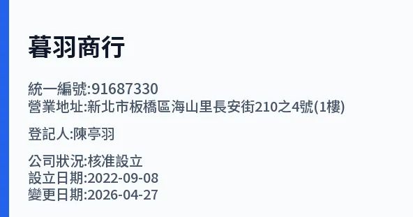 暮羽商行的照片-統編 91687330(新北市) 公司登記資料與營業項目詳細圖表