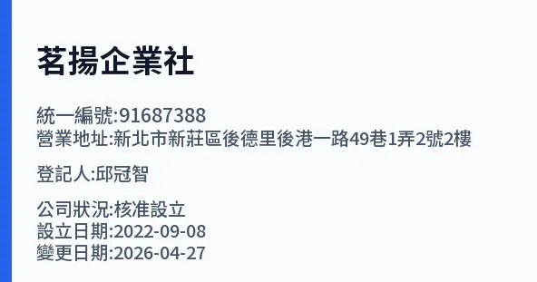 茗揚企業社的照片-統編 91687388(新北市) 公司登記資料與營業項目詳細圖表