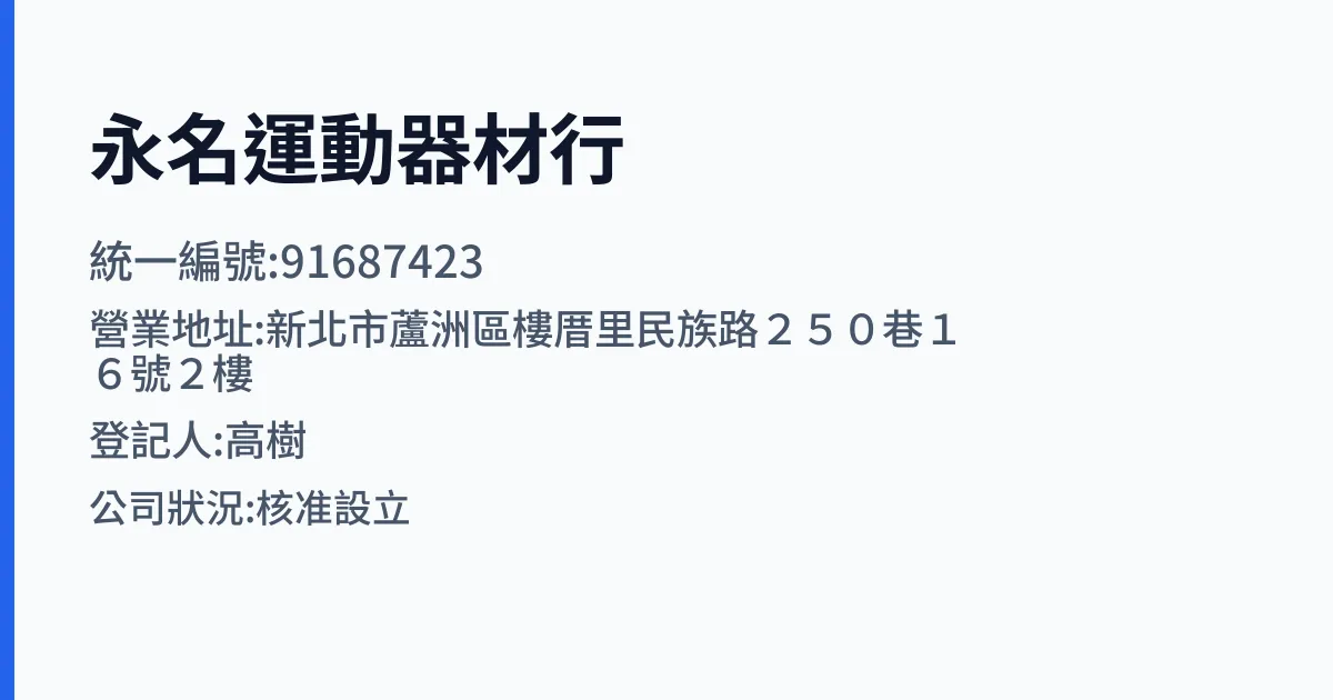 永名運動器材行 - 統編 91687423(新北市) 公司登記資料與營業項目詳細圖表
