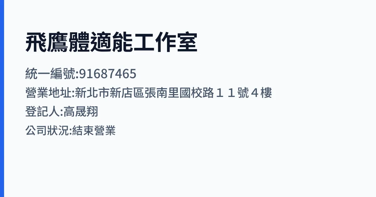 飛鷹體適能工作室 - 統編 91687465(新北市) 公司登記資料與營業項目詳細圖表