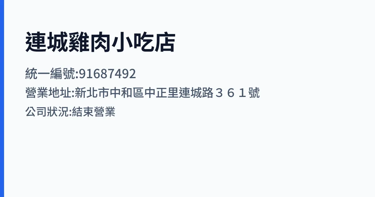 連城雞肉小吃店 - 統編 91687492(新北市) 公司登記資料與營業項目詳細圖表