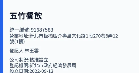 五竹餐飲的照片-統編 91687583(新北市) 公司登記資料與營業項目詳細圖表