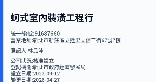 蚵式室內裝潢工程行的照片-統編 91687660(新北市) 公司登記資料與營業項目詳細圖表