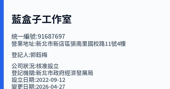藍盒子工作室的照片-統編 91687697(新北市) 公司登記資料與營業項目詳細圖表