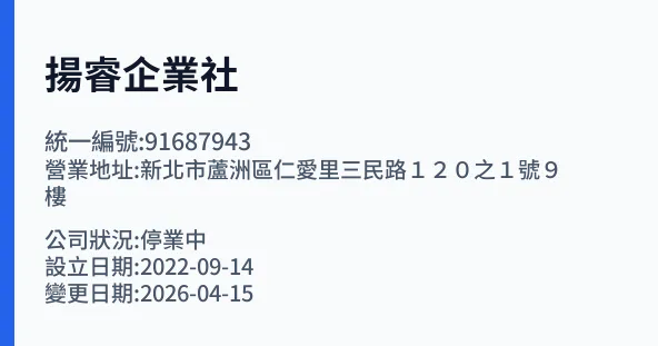 揚睿企業社的照片-統編 91687943(新北市) 公司登記資料與營業項目詳細圖表