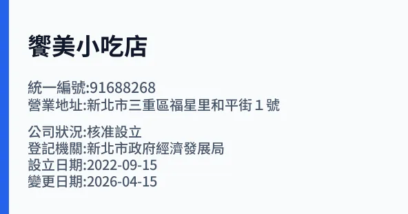 饗美小吃店的照片-統編 91688268(新北市) 公司登記資料與營業項目詳細圖表