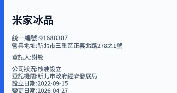 米家冰品的照片-統編 91688387(新北市) 公司登記資料與營業項目詳細圖表
