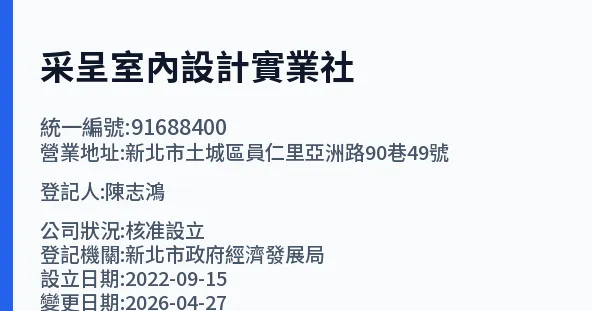 采呈室內設計實業社的照片-統編 91688400(新北市) 公司登記資料與營業項目詳細圖表