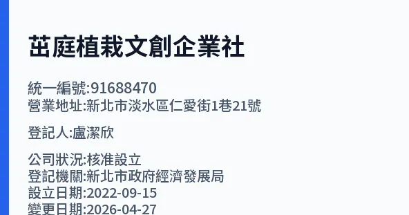 茁庭植栽文創企業社的照片-統編 91688470(新北市) 公司登記資料與營業項目詳細圖表