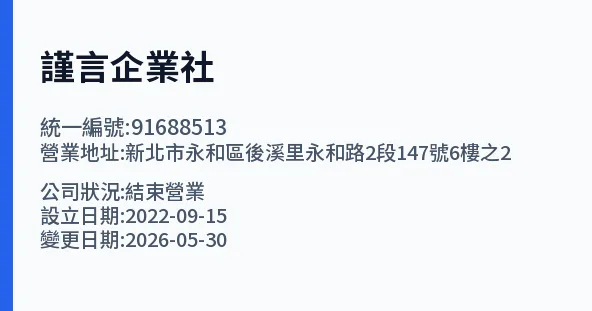 謹言企業社的照片-統編 91688513(新北市) 公司登記資料與營業項目詳細圖表