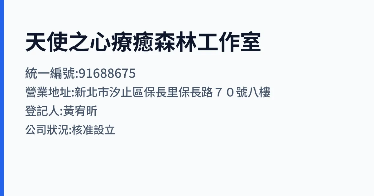 天使之心療癒森林工作室 - 統編 91688675(新北市) 公司登記資料與營業項目詳細圖表