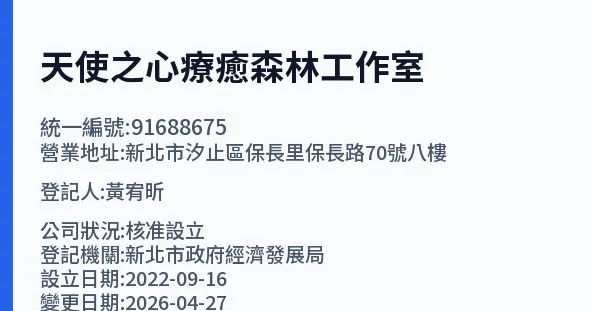 天使之心療癒森林工作室的照片-統編 91688675(新北市) 公司登記資料與營業項目詳細圖表