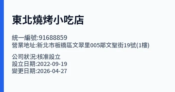 東北燒烤小吃店的照片-統編 91688859(新北市) 公司登記資料與營業項目詳細圖表