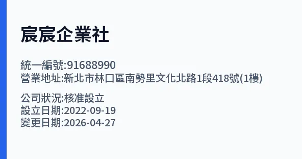 宸宸企業社的照片-統編 91688990(新北市) 公司登記資料與營業項目詳細圖表