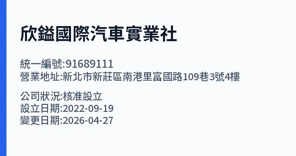 欣鎰國際汽車實業社的照片-統編 91689111(新北市) 公司登記資料與營業項目詳細圖表