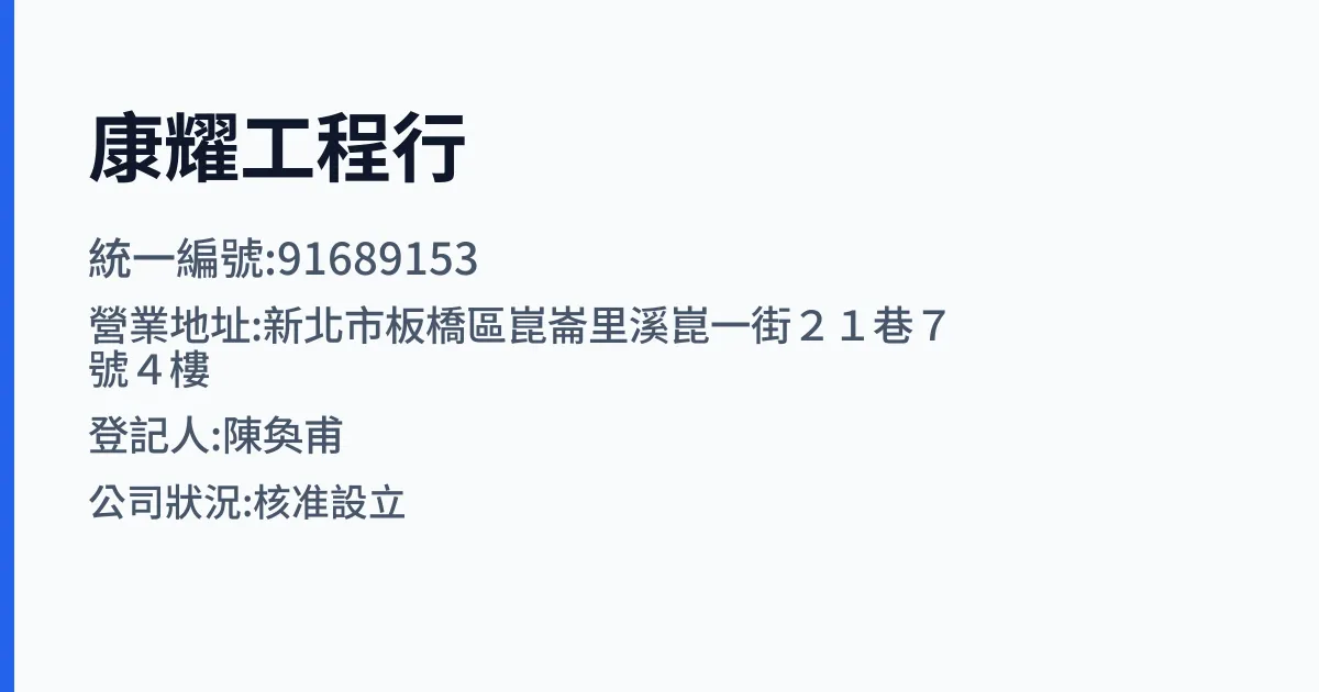康耀工程行 - 統編 91689153(新北市) 公司登記資料與營業項目詳細圖表