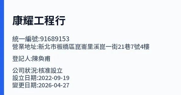 康耀工程行的照片-統編 91689153(新北市) 公司登記資料與營業項目詳細圖表
