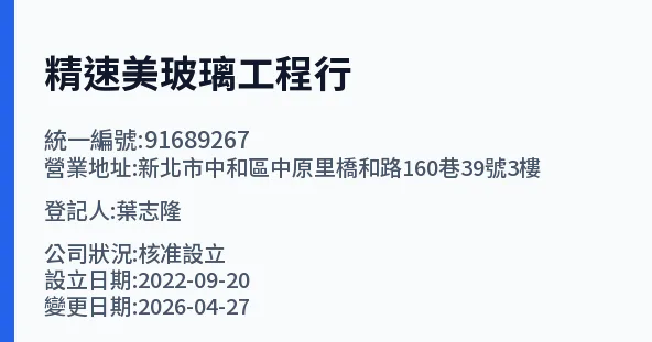 精速美玻璃工程行的照片-統編 91689267(新北市) 公司登記資料與營業項目詳細圖表